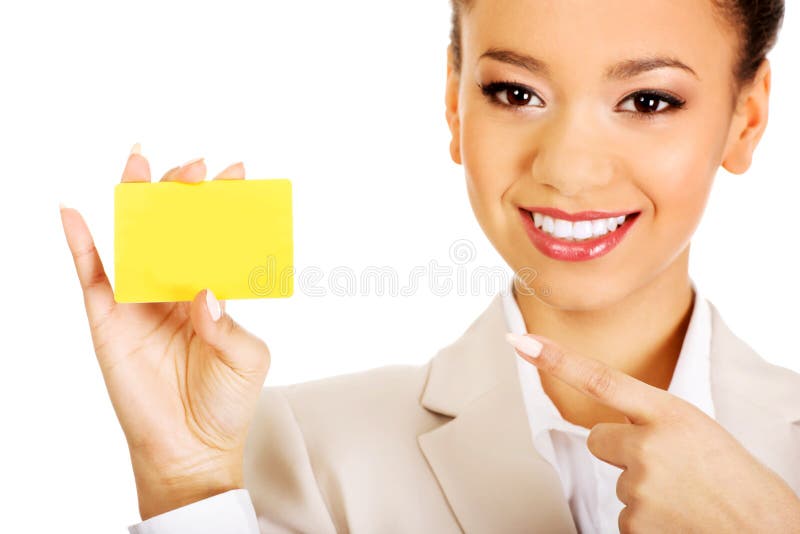 Businesswoman Pointing on a Card. Stock Image - Image of isolated, card ...
