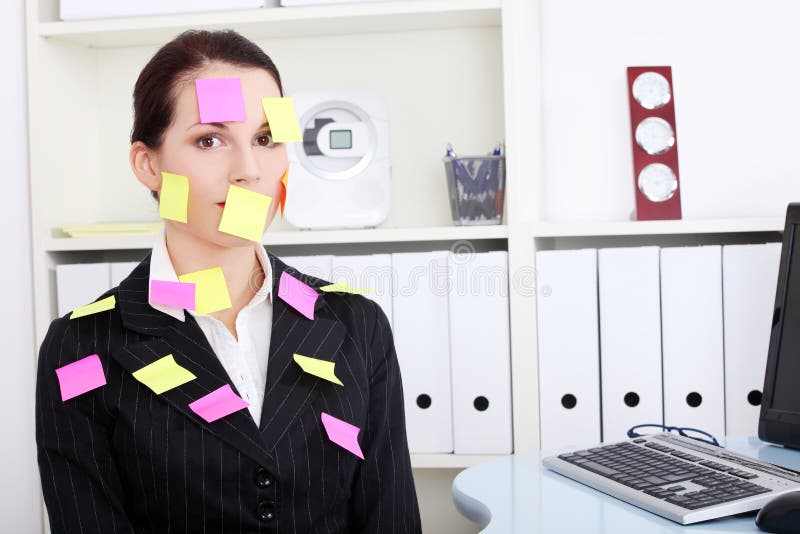 Businesswoman with Post it Note on Her Forehead. Stock Photo - Image of ...