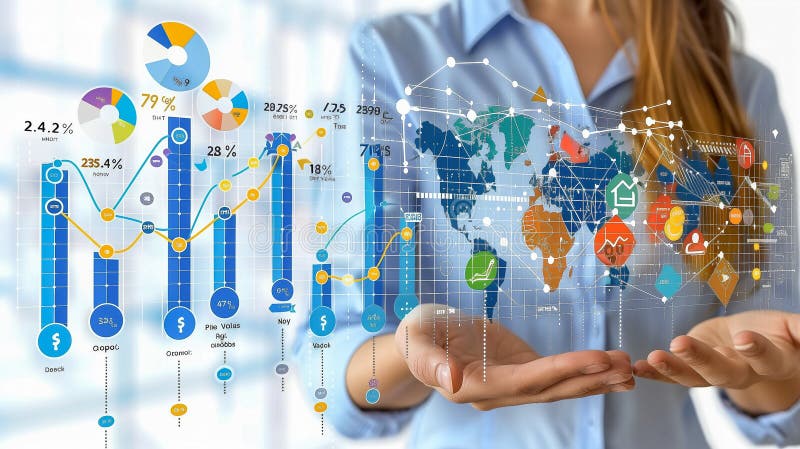Businesswoman Presenting Global Data Visualization and Analytics Stock ...