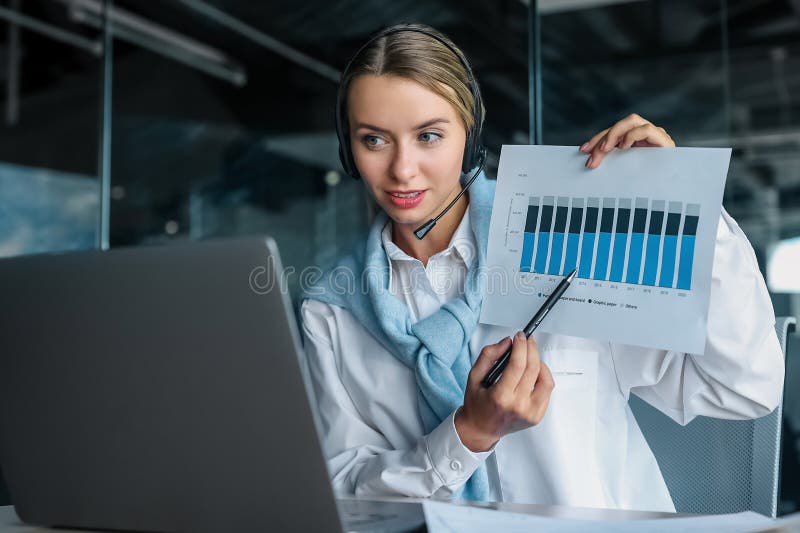 Businesswoman Presenting Project on a Video Call Stock Photo - Image of ...