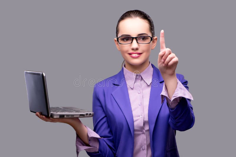 The Businesswoman Pressing Button Holding Laptop Stock Photo - Image of ...
