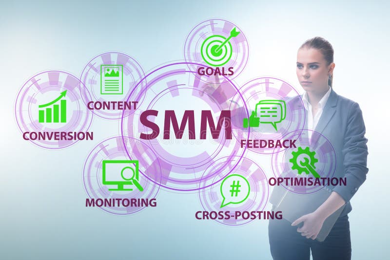 Businesswoman Pressing Button in SMM Concept Stock Photo - Image of ...
