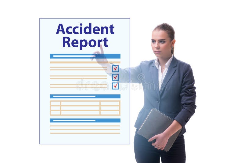 Businesswoman Pressing Buttons on Virtual Accident Report Stock Image ...
