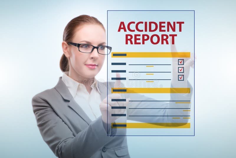 Businesswoman Pressing Buttons on Virtual Accident Report Stock Image ...