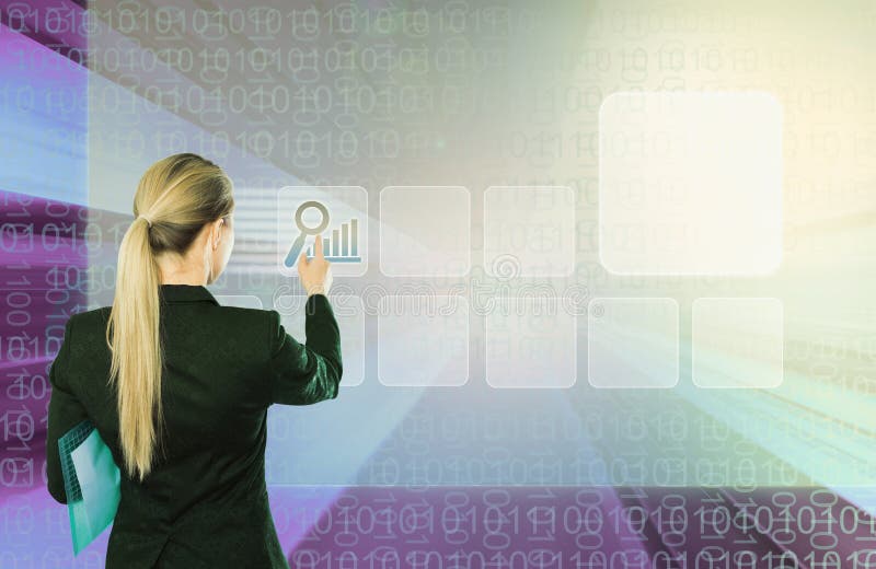 Businesswoman Pressing Virtual Touchscreen Stock Photo - Image of ...