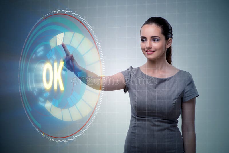 The Businesswoman Pressing Virtual Button Ok Stock Illustration ...