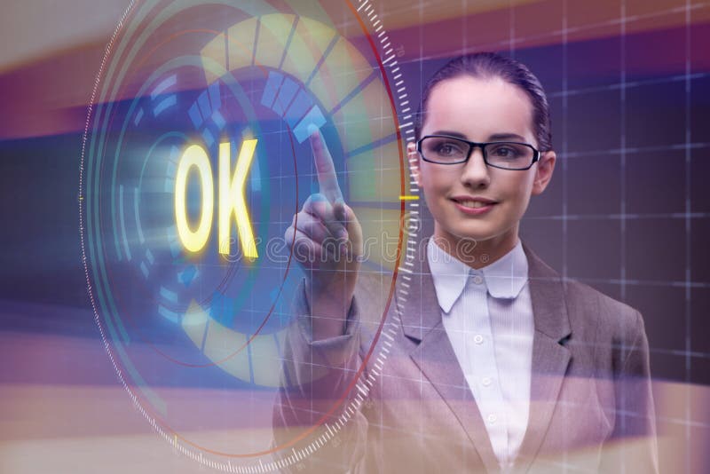 The Businesswoman Pressing Virtual Button Ok Stock Illustration ...