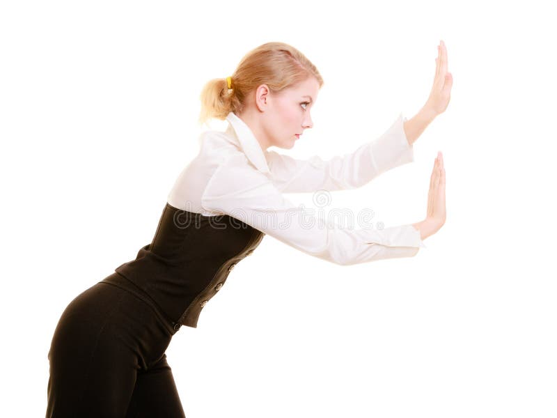 Businesswoman Pushing Away Blank Copy Space Stock Photo - Image of ...
