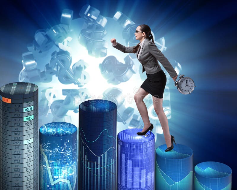 Businesswoman Rushing with Clock on Bar Charts Stock Image - Image of ...