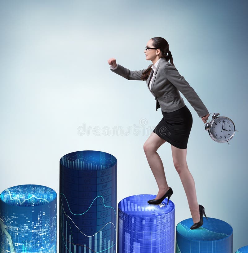 Businesswoman Rushing with Clock on Bar Charts Stock Photo - Image of ...