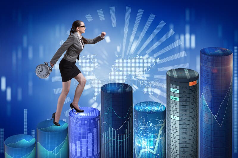 The Businesswoman Rushing with Clock on Bar Charts Stock Image - Image ...