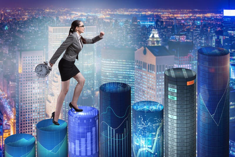 The Businesswoman Rushing with Clock on Bar Charts Stock Photo - Image ...