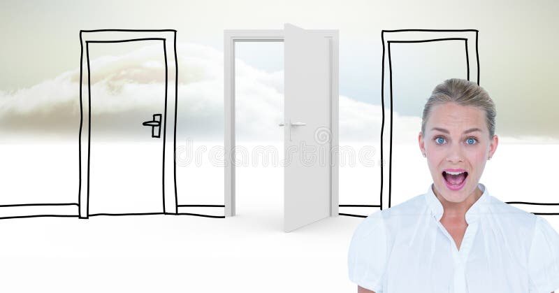 Businesswoman Screaming Against Drawn and Real Doors Stock Image ...