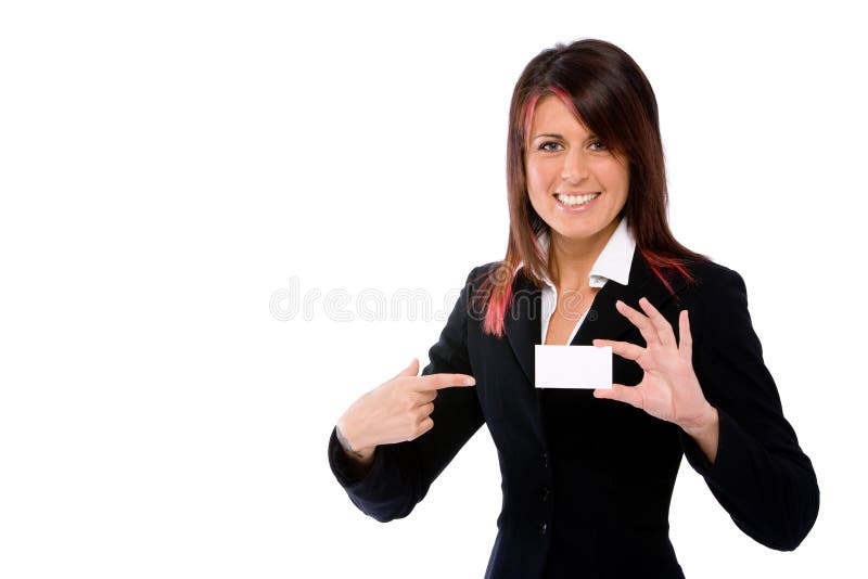 Businesswoman Shoving a Card Pointing it Stock Image - Image of collar ...