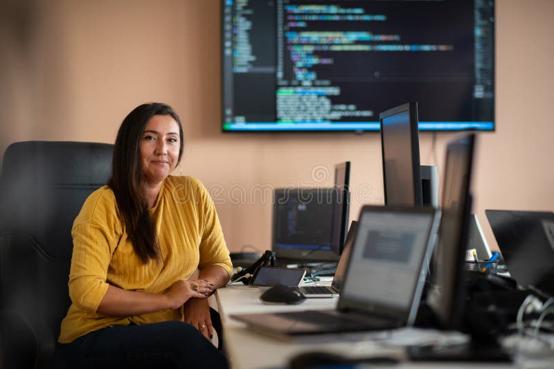 A Businesswoman Sitting in a Programmer S Office Surrounded by ...