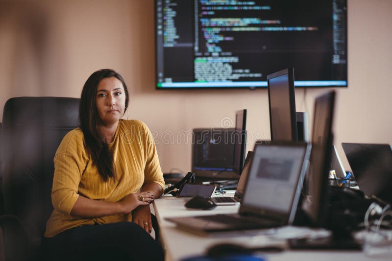 A Businesswoman Sitting in a Programmer& X27;s Office Surrounded by ...