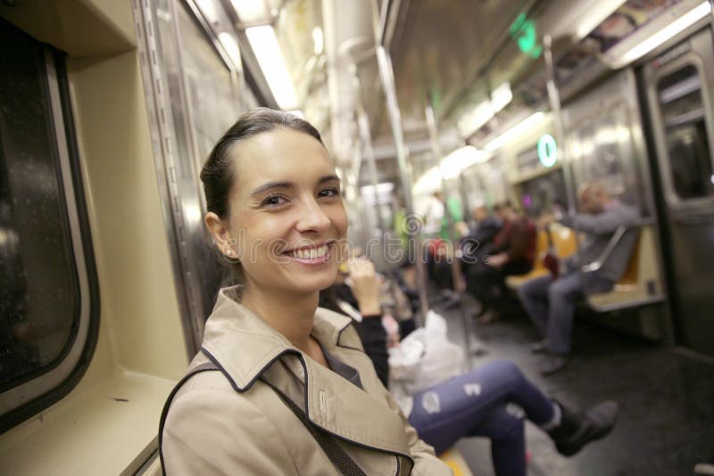 Businesswoman Smiling Taking Subway Stock Photo - Image of taking ...