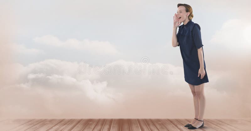 Businesswoman Standing in Room Shouting with Clouds Stock Photo - Image ...