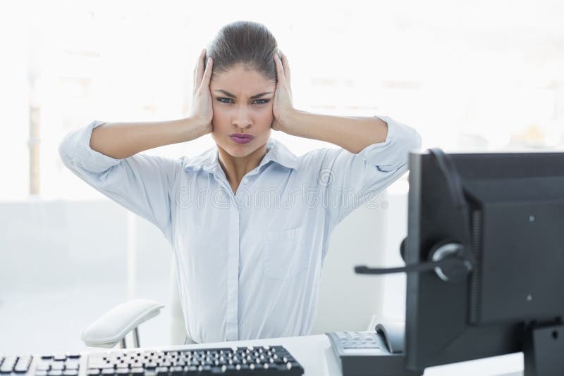 Businesswoman Suffering from Headache in Front of Computer Stock Image ...
