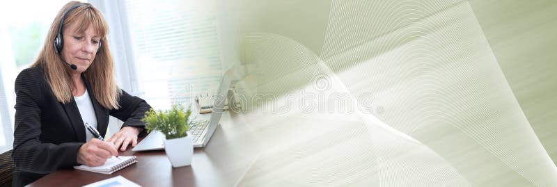 Businesswoman Talking on a Headset and Taking Notes Panoramic Banner ...