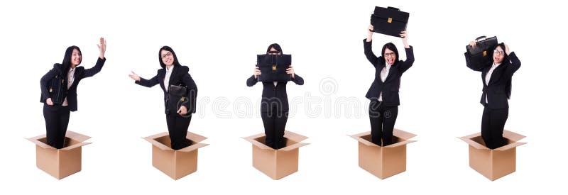 Businesswoman in Thinking Out of Box Concept Stock Photo - Image of ...