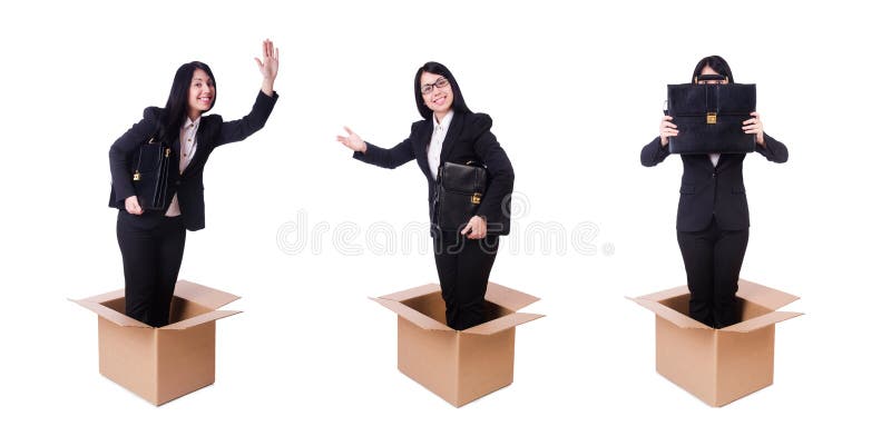Businesswoman in Thinking Out of Box Concept Stock Photo - Image of ...