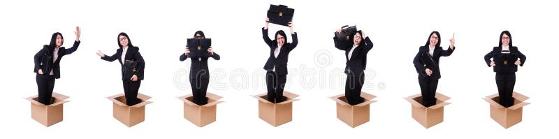 Businesswoman in Thinking Out of Box Concept Stock Photo - Image of ...