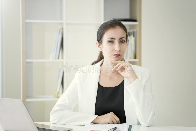 Businesswoman Thinking for Work on Desk at Office Stock Image - Image ...