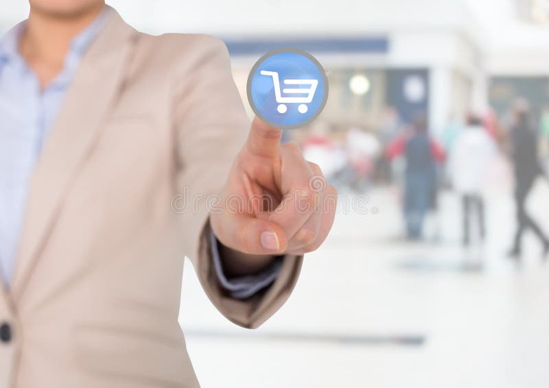 Businesswoman Touching Interface Screen with Shopping Cart Icon Stock ...