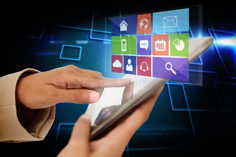 Businesswoman Touching Tablet with App Interface Stock Photo - Image of ...