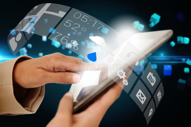 Businesswoman Touching Tablet with App Interface Stock Image - Image of ...