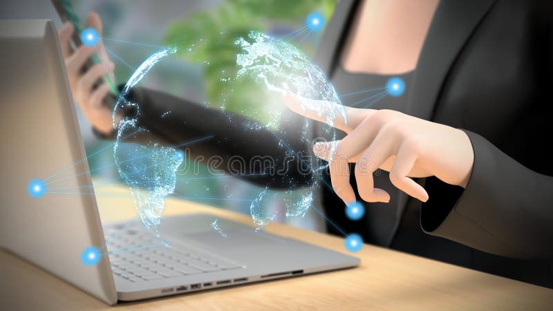 Businesswoman Touching a Virtual Earth. Concept of Internet. Digital ...