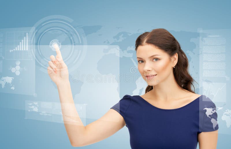 Businesswoman Touching Virtual Screen Stock Image - Image of hands ...