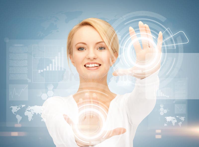 Businesswoman Touching Virtual Screen Stock Photo - Image of business ...