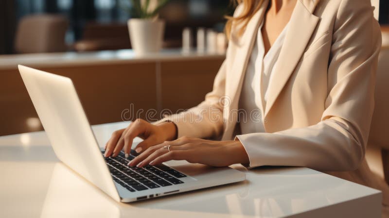 Businesswoman Typing on Laptop Keyboard with Tablet Reflection, Remote ...