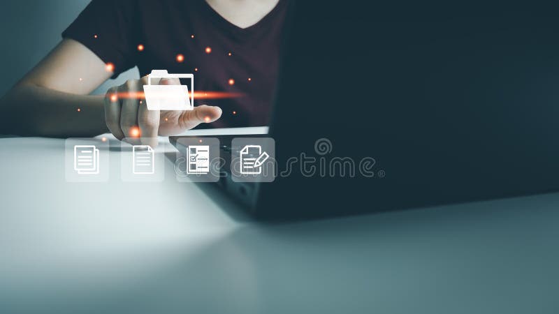 Businesswoman Use Finger Touch Screen Folder Manage File,online Data ...