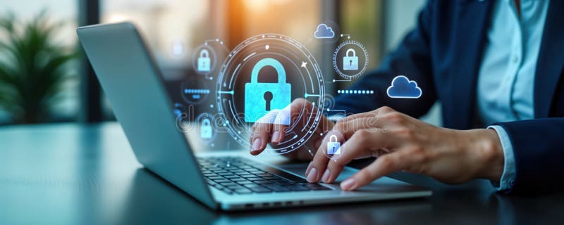 Businesswoman Uses Laptop To Explore Cyber Security. Interacts with ...