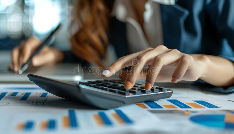 Businesswoman Using Calculator for Financial Report, Data Analysis ...