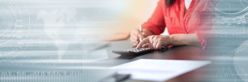 Businesswoman Using a Calculator, Light Effect; Panoramic Banner Stock ...