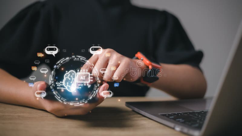 Businesswoman Using Chatbot in Computer Smart Intelligence Ai. Chat GPT ...