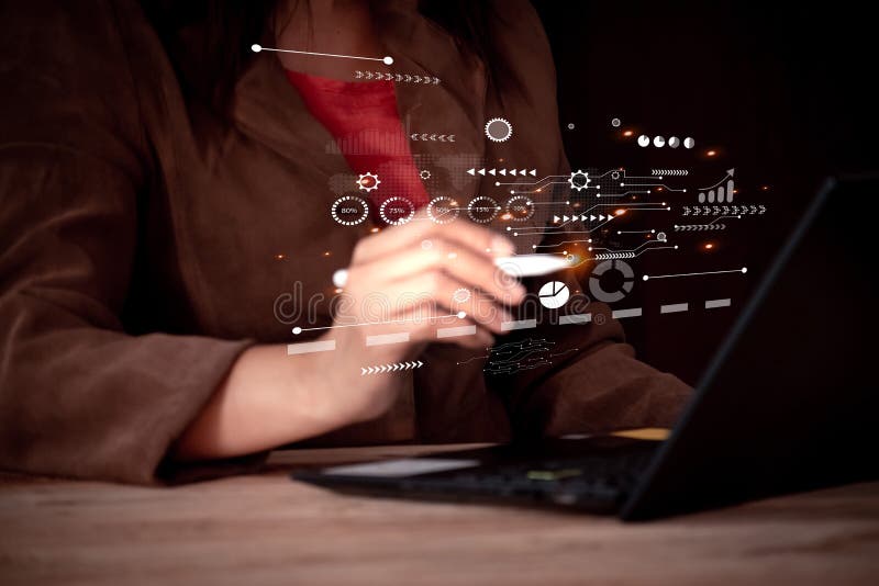 Businesswoman Using Computor with Digital Business Interface on Screen ...