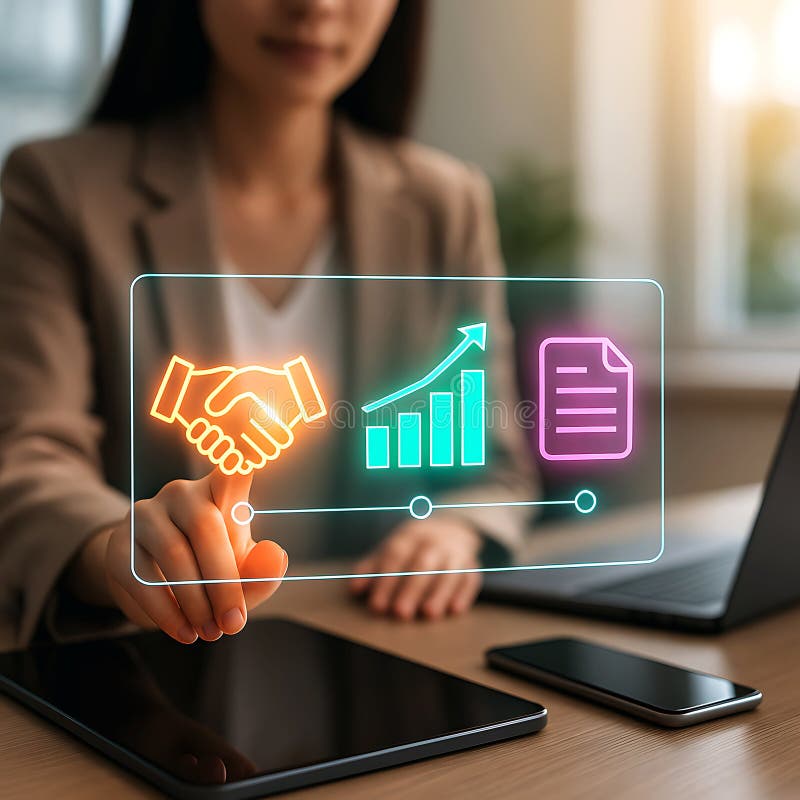 Businesswoman Using Digital Interface Showing Growth and Partnership ...