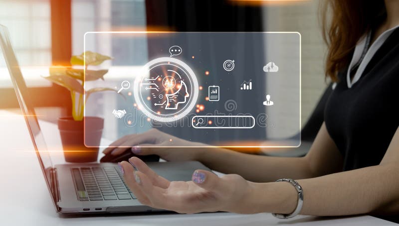 Businesswoman Using Laptop Computer Connecting Virtual Ai Smart Brain ...