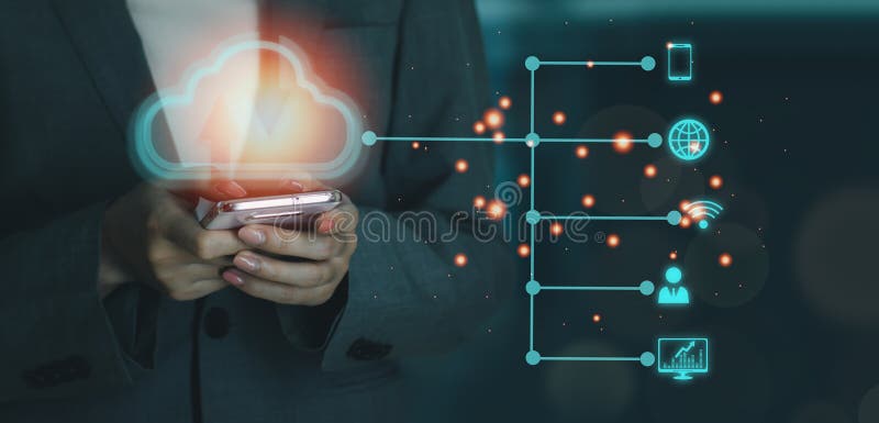 Businesswoman Using Smartphone Connect To Data Information on Cloud Computing Network. Cloud ...