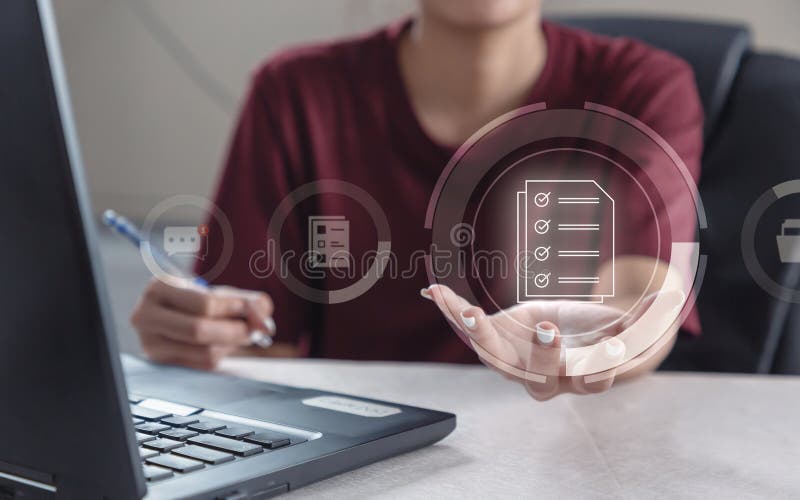 Businesswoman Using Stylus Pen Signing on E-document Virtual on Notepad ...