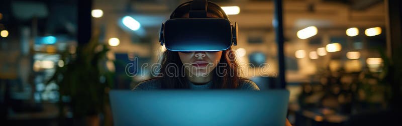 A Businesswoman Utilizes a Virtual Reality Simulator for Work Tasks at ...