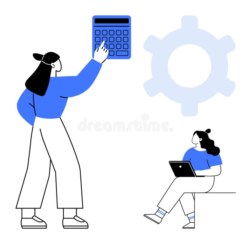 Businesswoman Utilizing Large Calculator and Colleague Working on ...