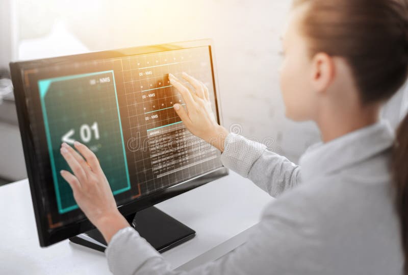 Businesswoman with Virtual Data on Computer Screen Stock Photo - Image ...