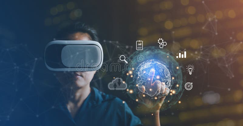 Businesswoman Wearing VR Glasses and Accessing the Cloud Computing ...