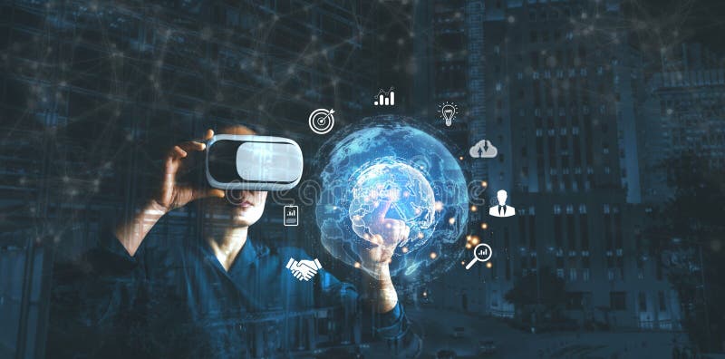 Businesswoman Wearing VR Glasses and Accessing the Cloud Computing ...